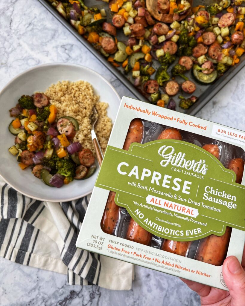 Caprese Sausage with Pesto Roasted Vegetables - Gilbert's Craft Sausages